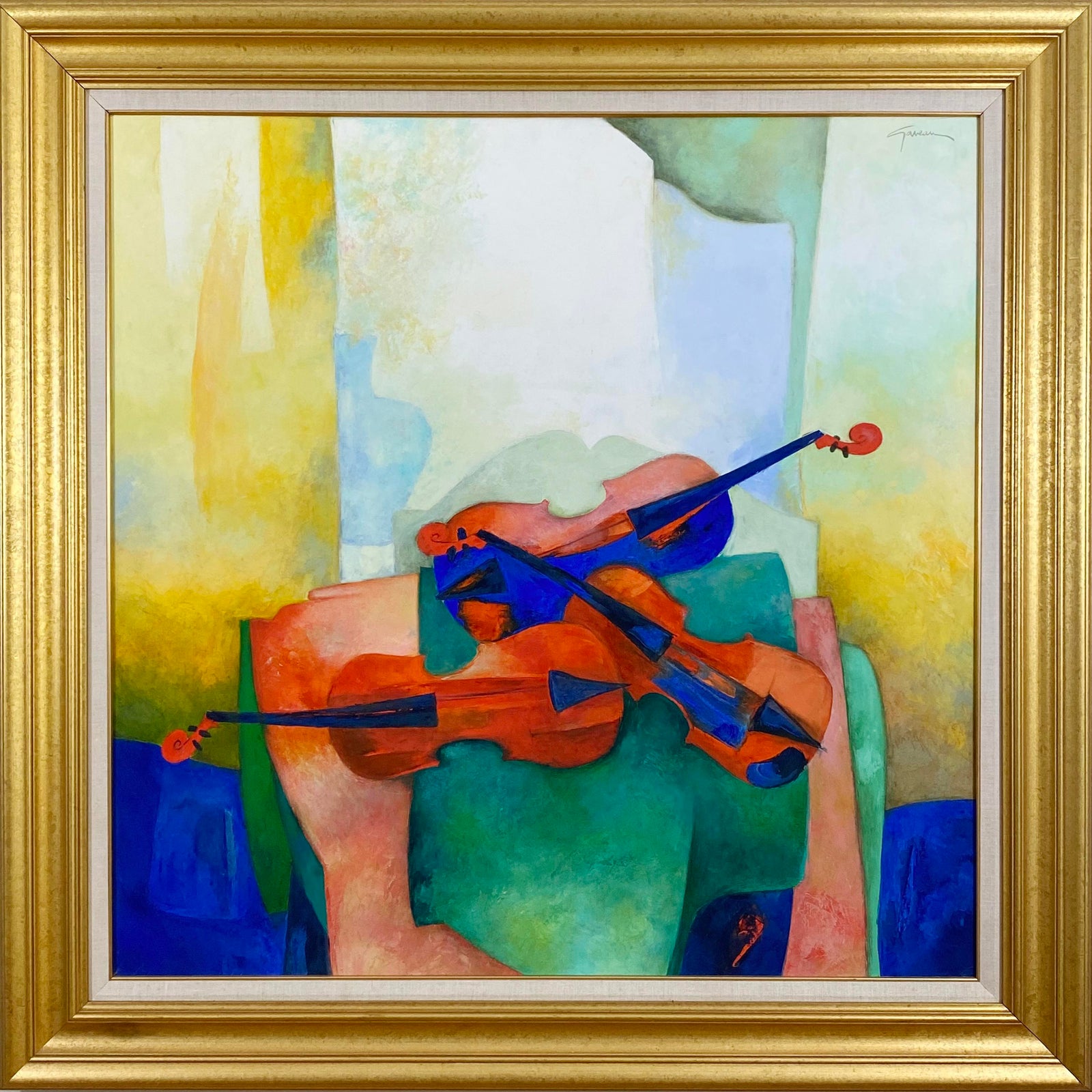 Claude Gaveau Still Life Oil Painting - "Trois Violons (Three Violins ...