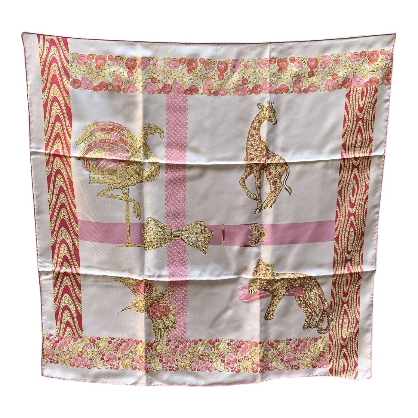 Cartier White And Pink Silk Scarf Animal Pattern | Chairish