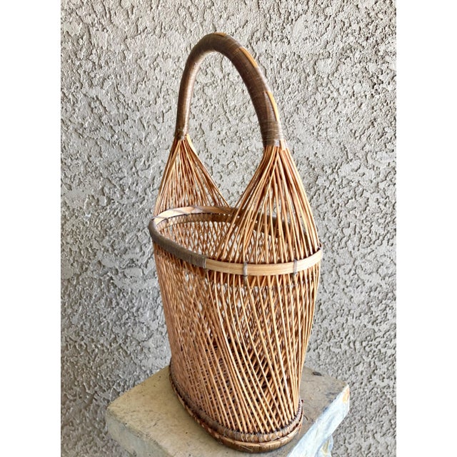 Late Mid-Century Open Weave Rattan Reed & Twine Oval Handled Basket ...