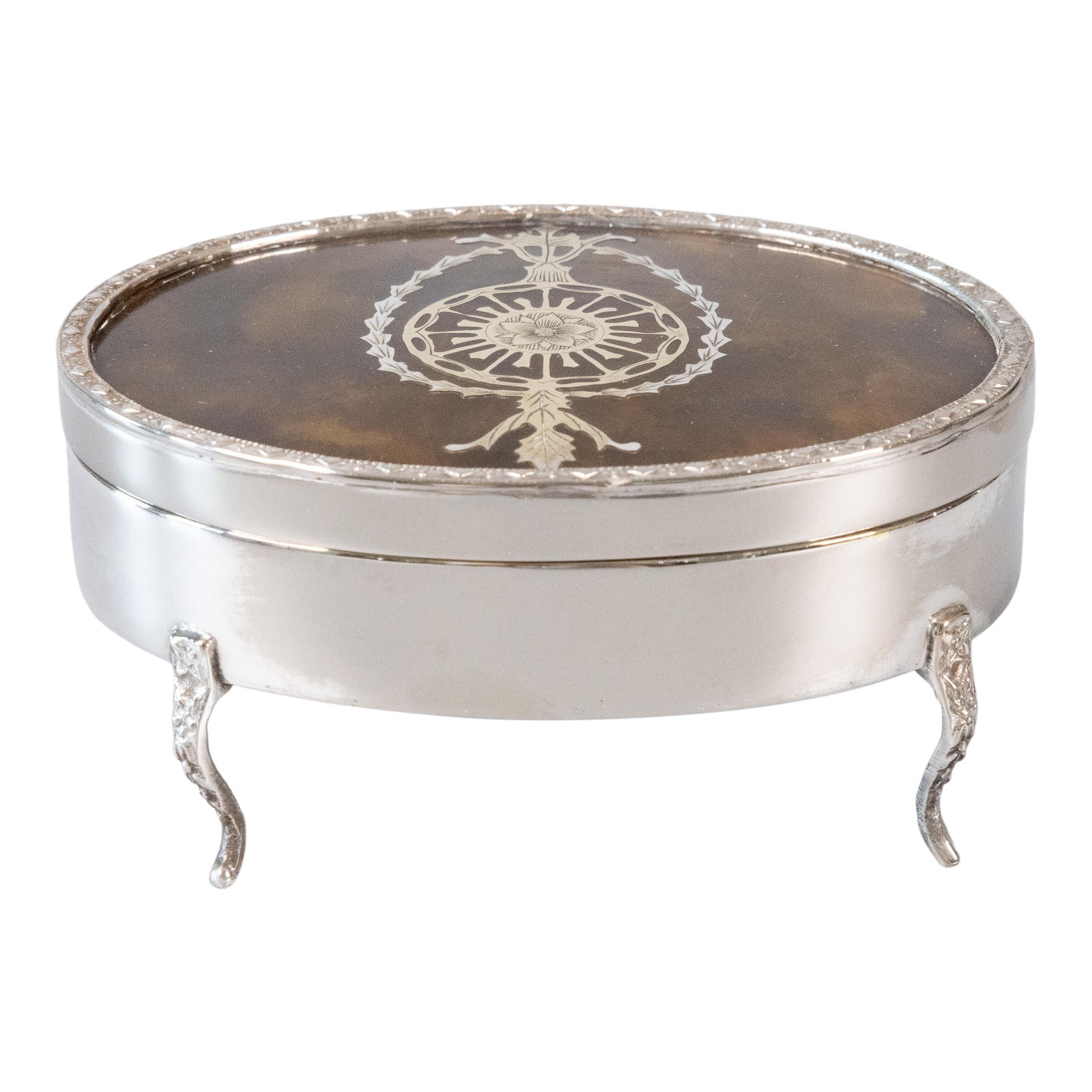 Antique English Silver Plate & Faux Tortoise Shell Jewelry Box | Chairish