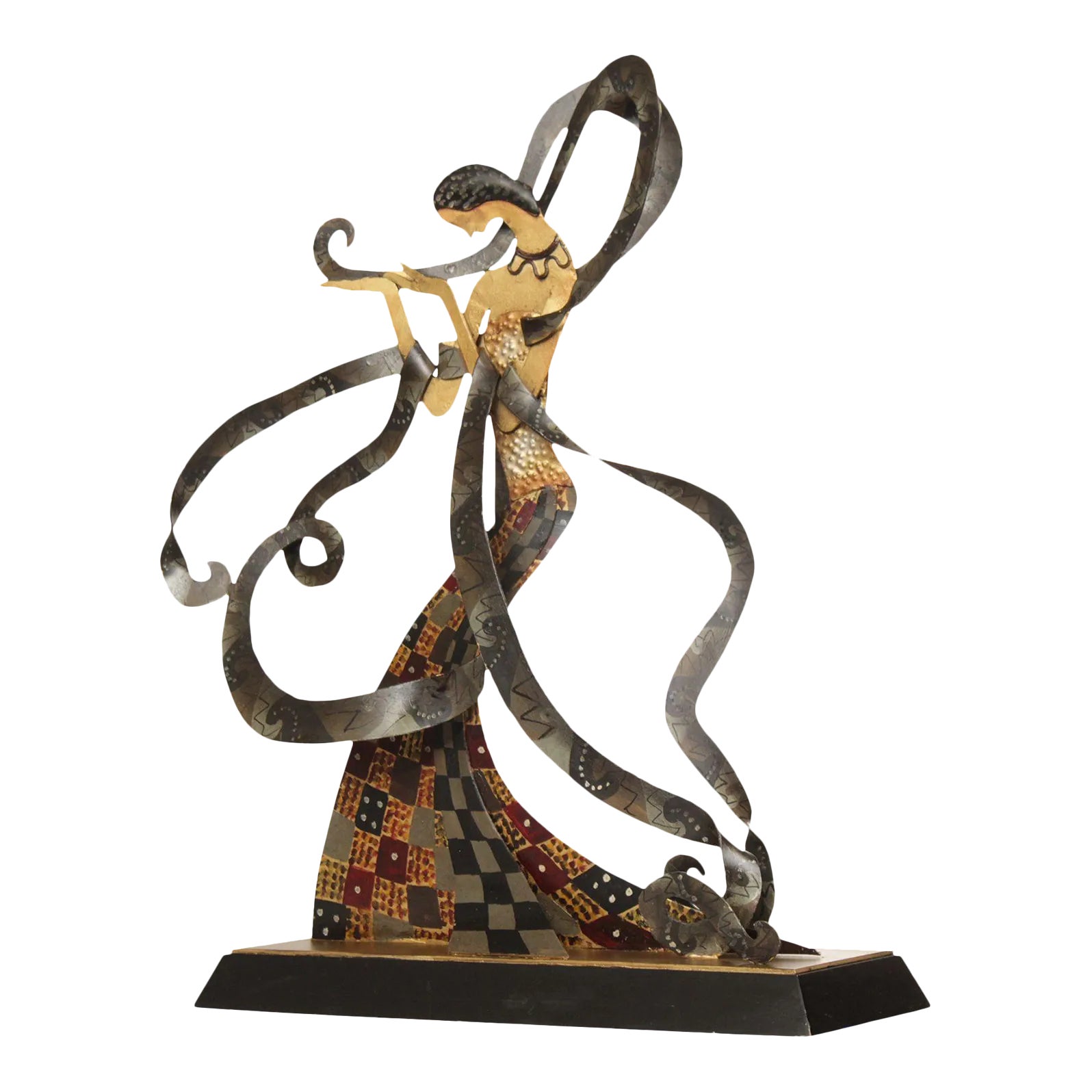Contemporary Metal Sculpture of Woman with Ribbons | Chairish