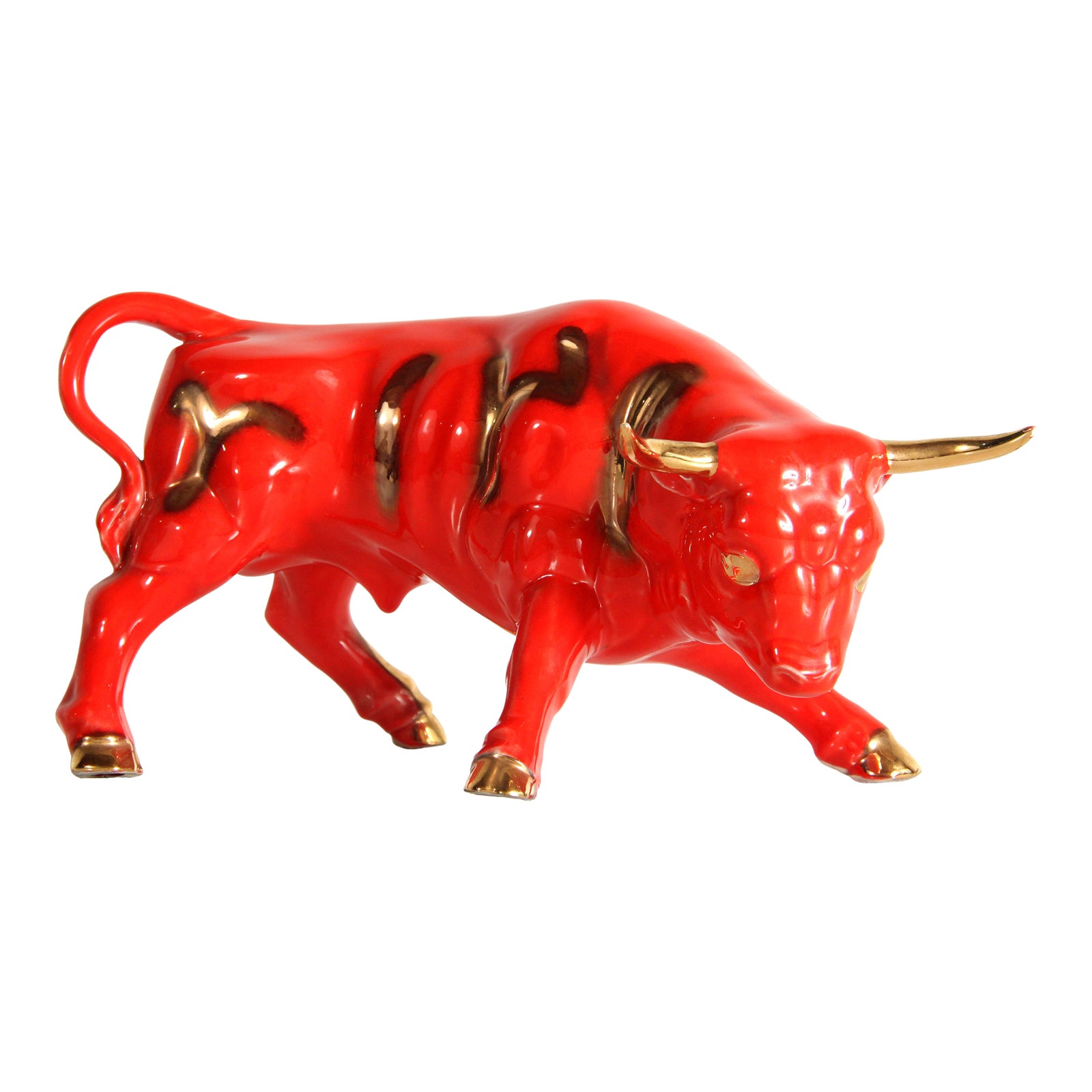 Vintage Mid Century Red & Gold Ceramic Bull Statue | Chairish