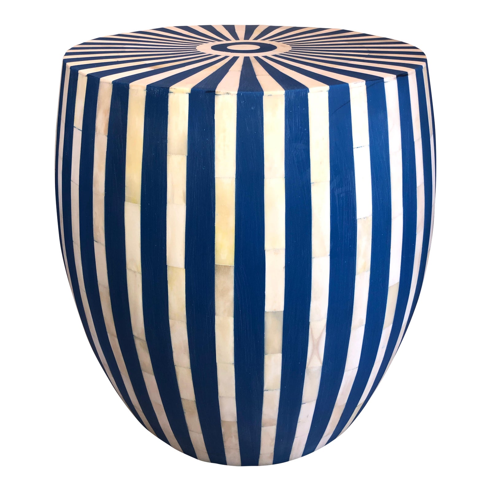 Blue and White Inlayed Striped Side Table | Chairish