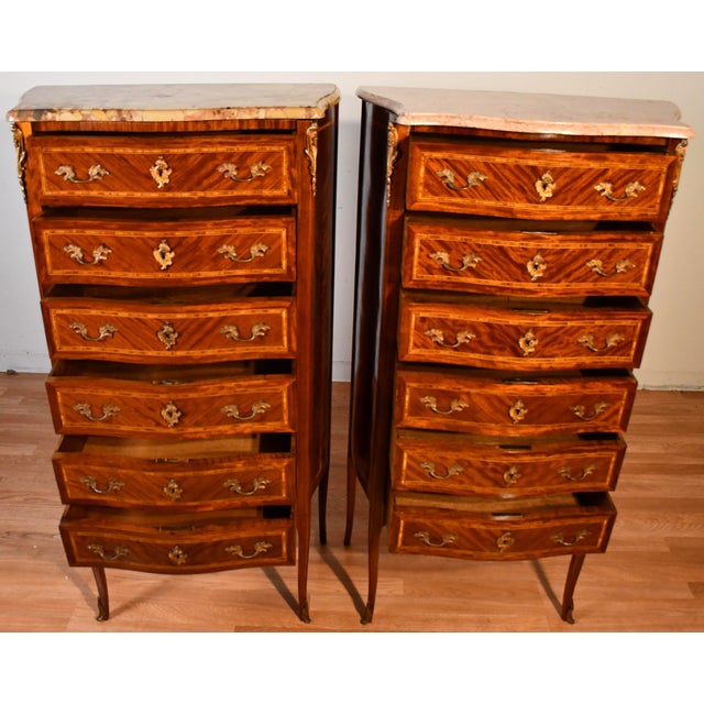 1890 Antique French Louis XV Walnut Inlaid & Marble Top Pair Chest of ...