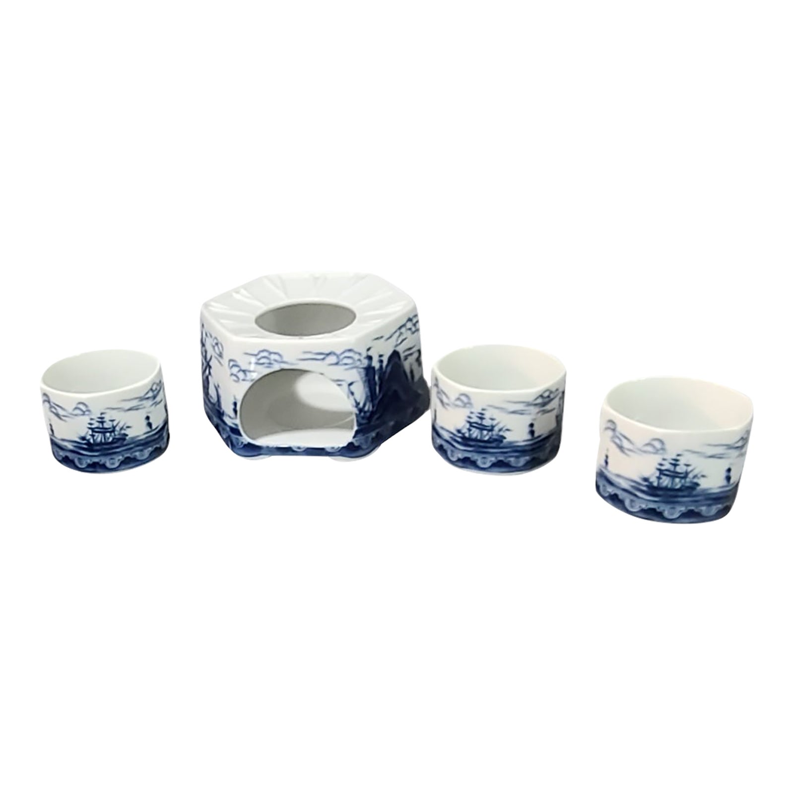 Vintage Asian Japanese Tea Pot Warmer and 3 Cups Blue & White Porcelain ...