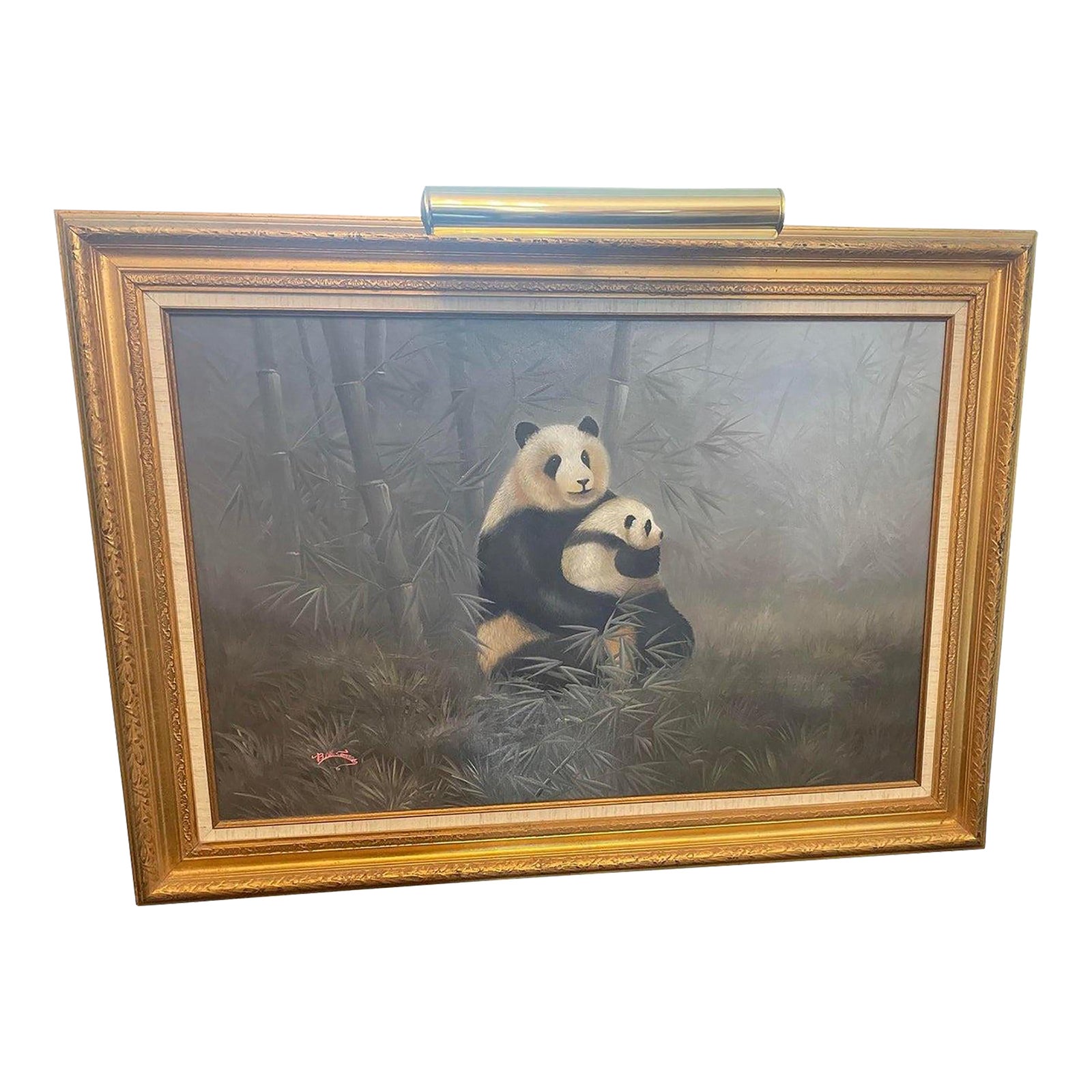 Late 20th Century Panda Oil Painting & Art Light | Chairish