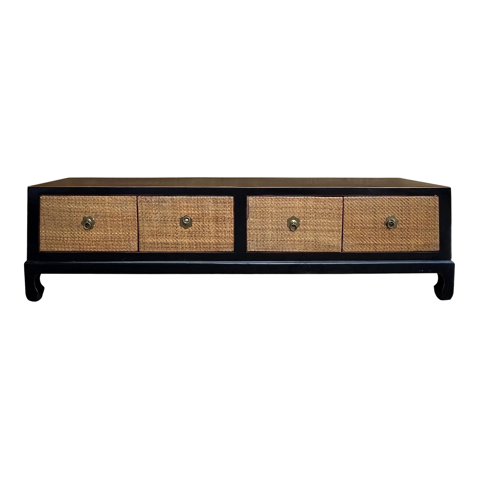 Oriental Black Light Tan Rattan Doors Low Tv Stand Console Table ...