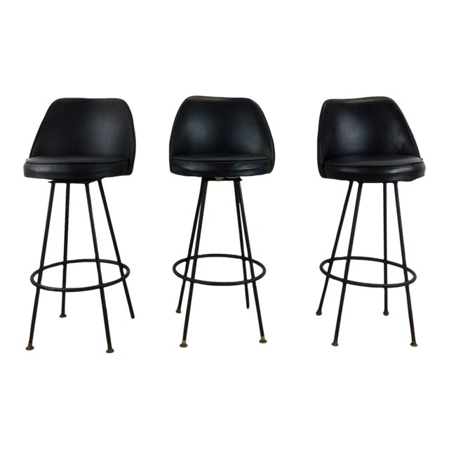 Set of 3 Mid Century Modern Black Vinyl Bar Stools | Chairish