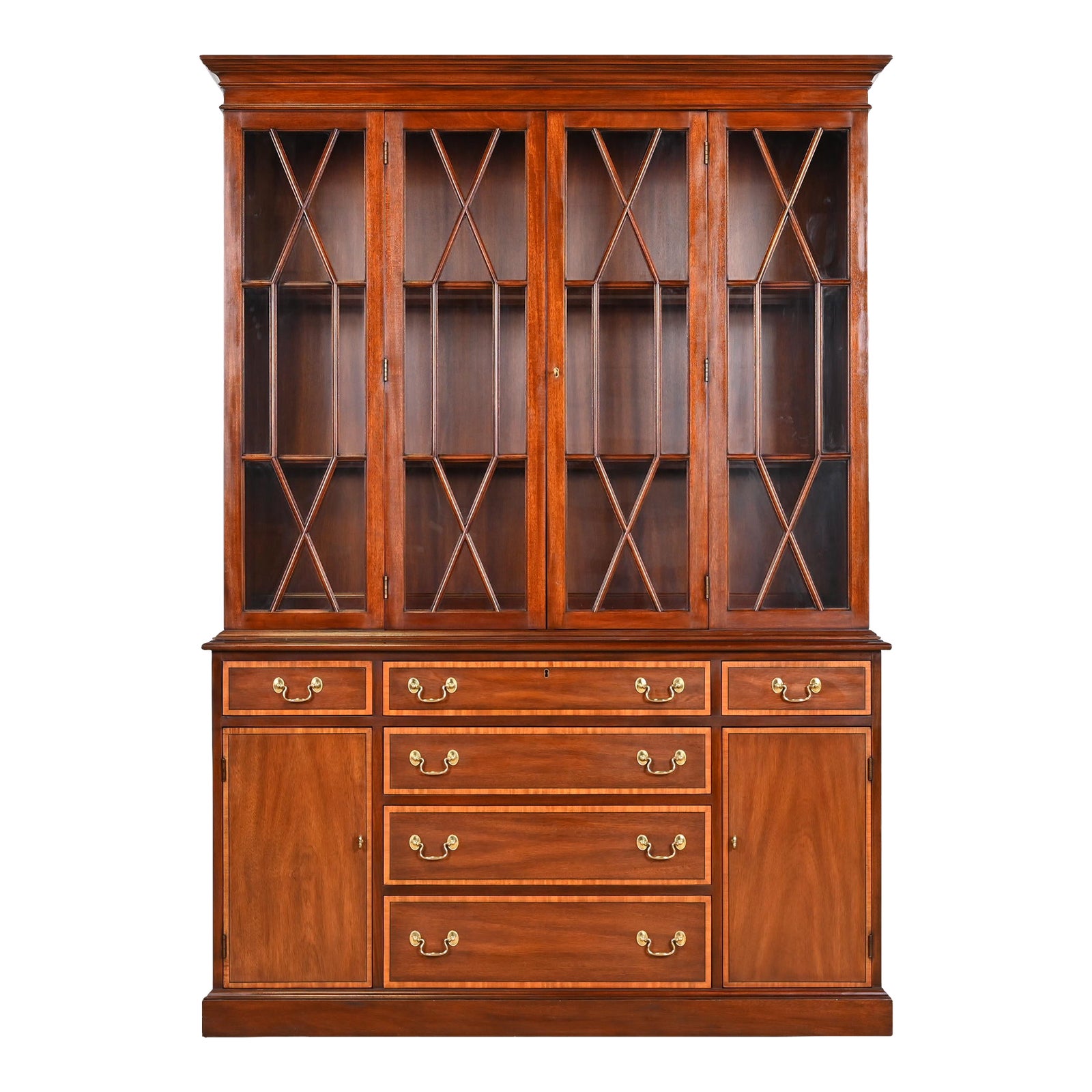 Henkel Harris Georgian Carved Mahogany Lighted Breakfront Bookcase ...