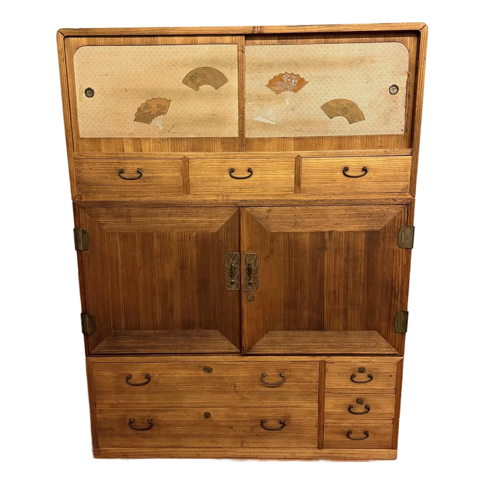 Vintage Japanese Tansu Chest Stacking Cabinet With Fan Motif Sliding ...