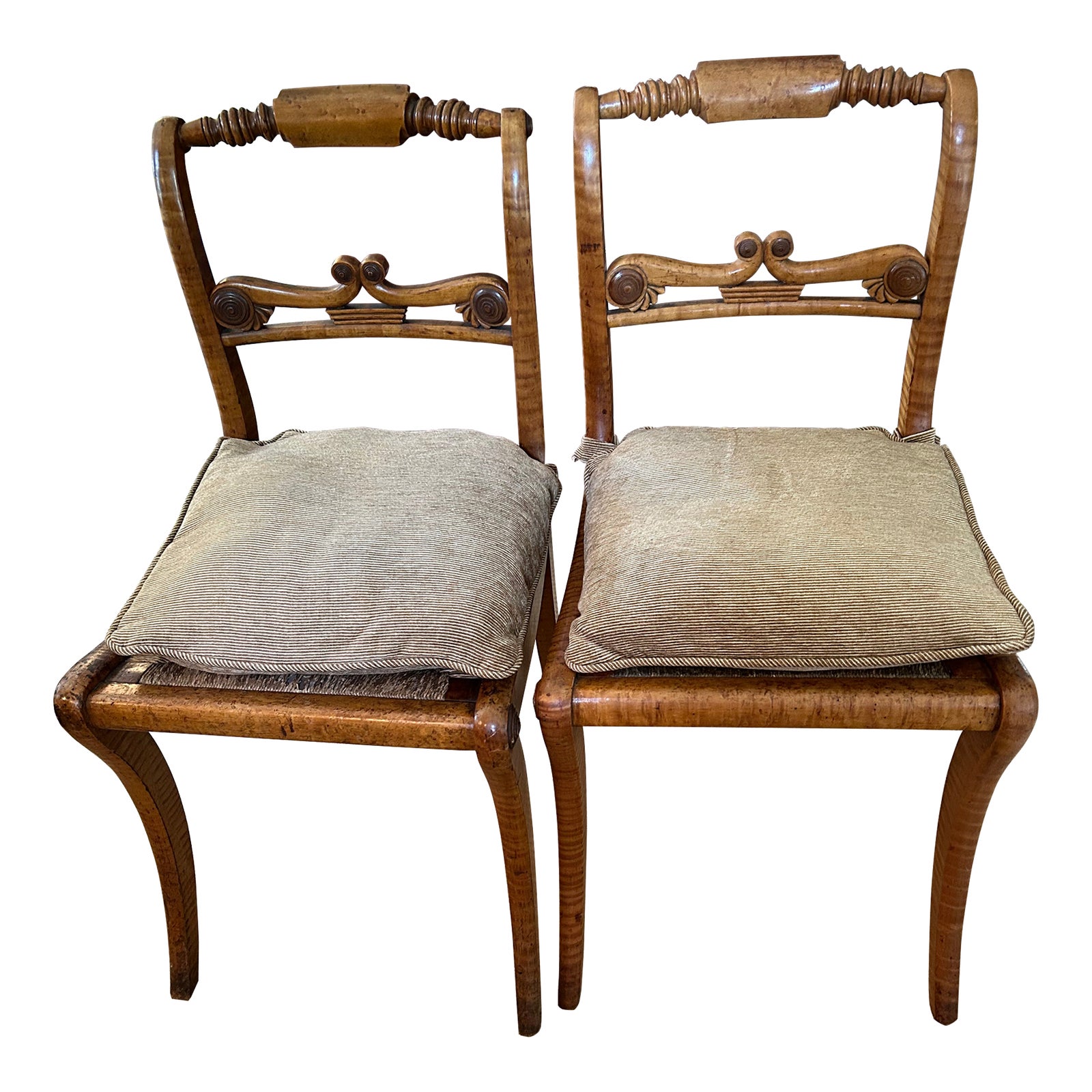 Tiger Maple Antique Side Chairs -A Pair | Chairish
