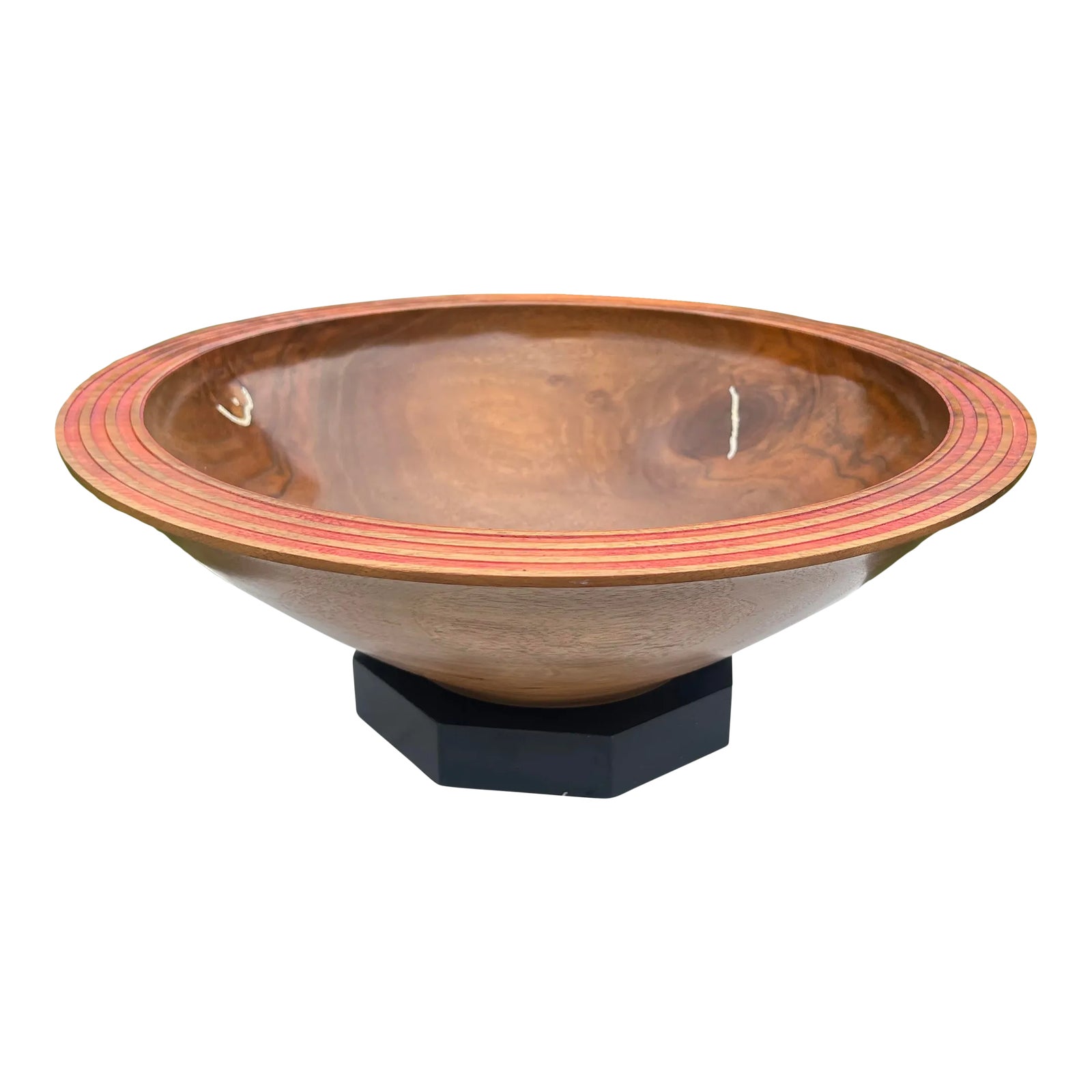 Large Modernist Artisan Made Inlaid Walnut Centerpiece Bowl on Stand ...