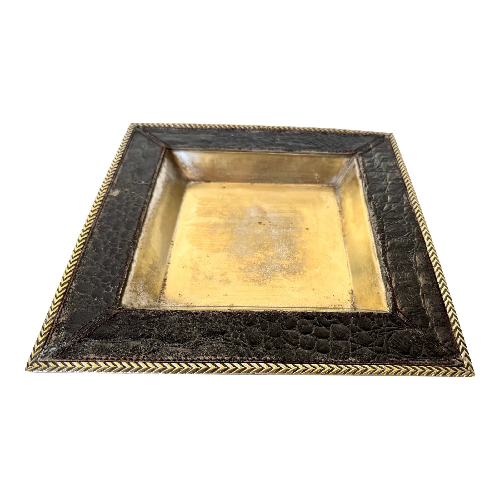 Vintage Silver Plate and Faux Crocodile Leather Dish | Chairish