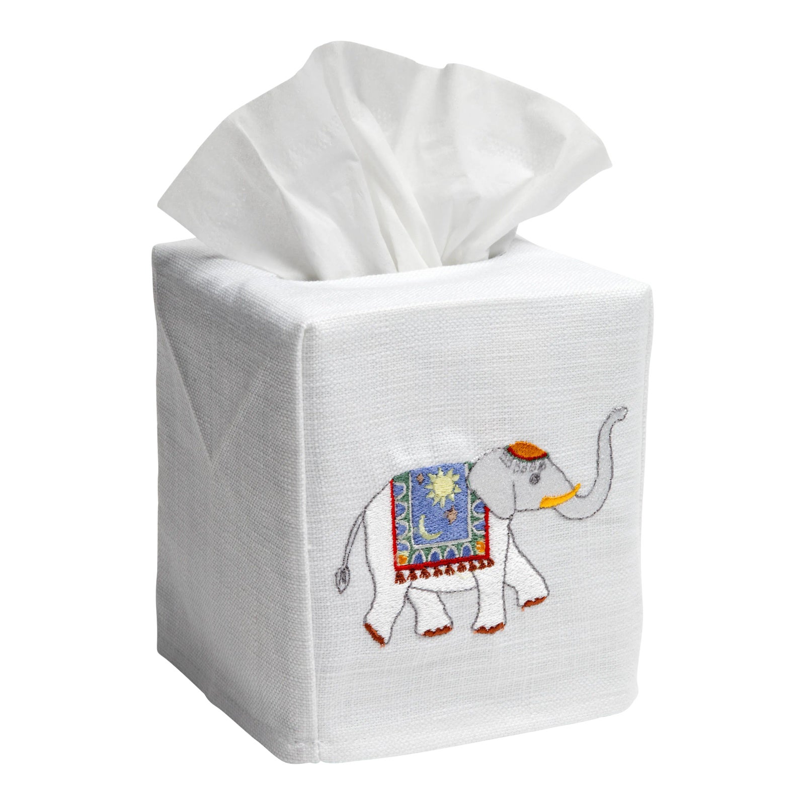 Blue Elephant Tissue Box Cover in White Linen & Cotton, Embroidered ...