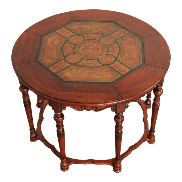 English Style Tooled Leather Round Mahogany Center Table | Chairish