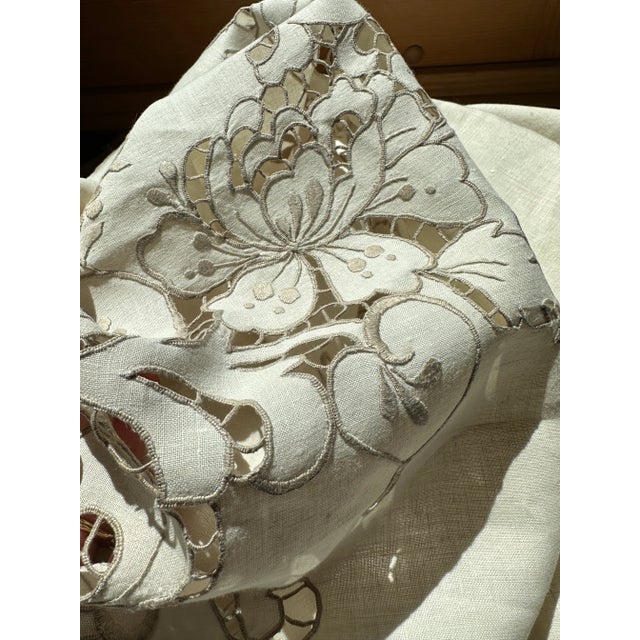 Vintage Madeira Style Linen Tablecloth Gray Embroidered Cutwork on ...