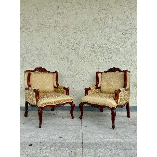 1920s Carved Mahogany French Library Silk Wingback Chairs - Set of 2 ...