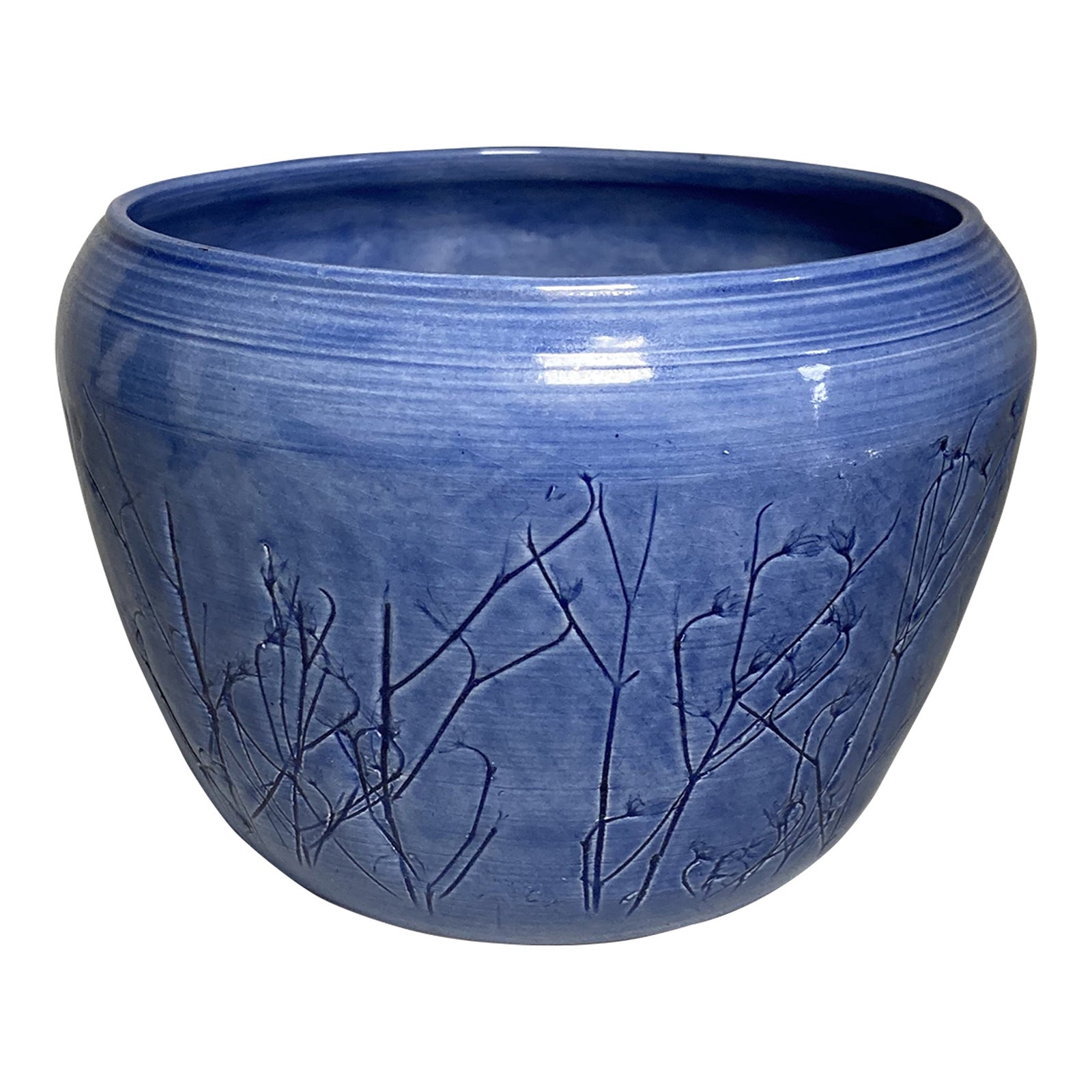1980s Blue Mishima Pottery Wheat Tree Flower Pattern Planter | Chairish