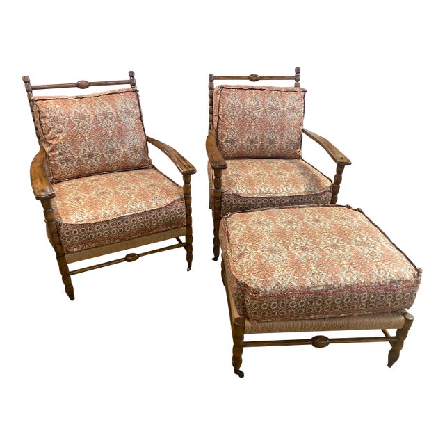 English Rural Style Lounge Chairs & Ottoman | Chairish