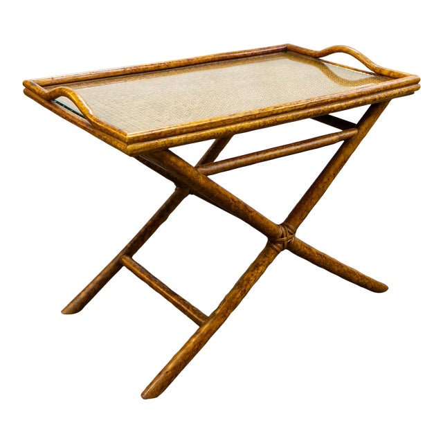 Faux Tortoise Shell Finish Rattan Tray Table | Chairish