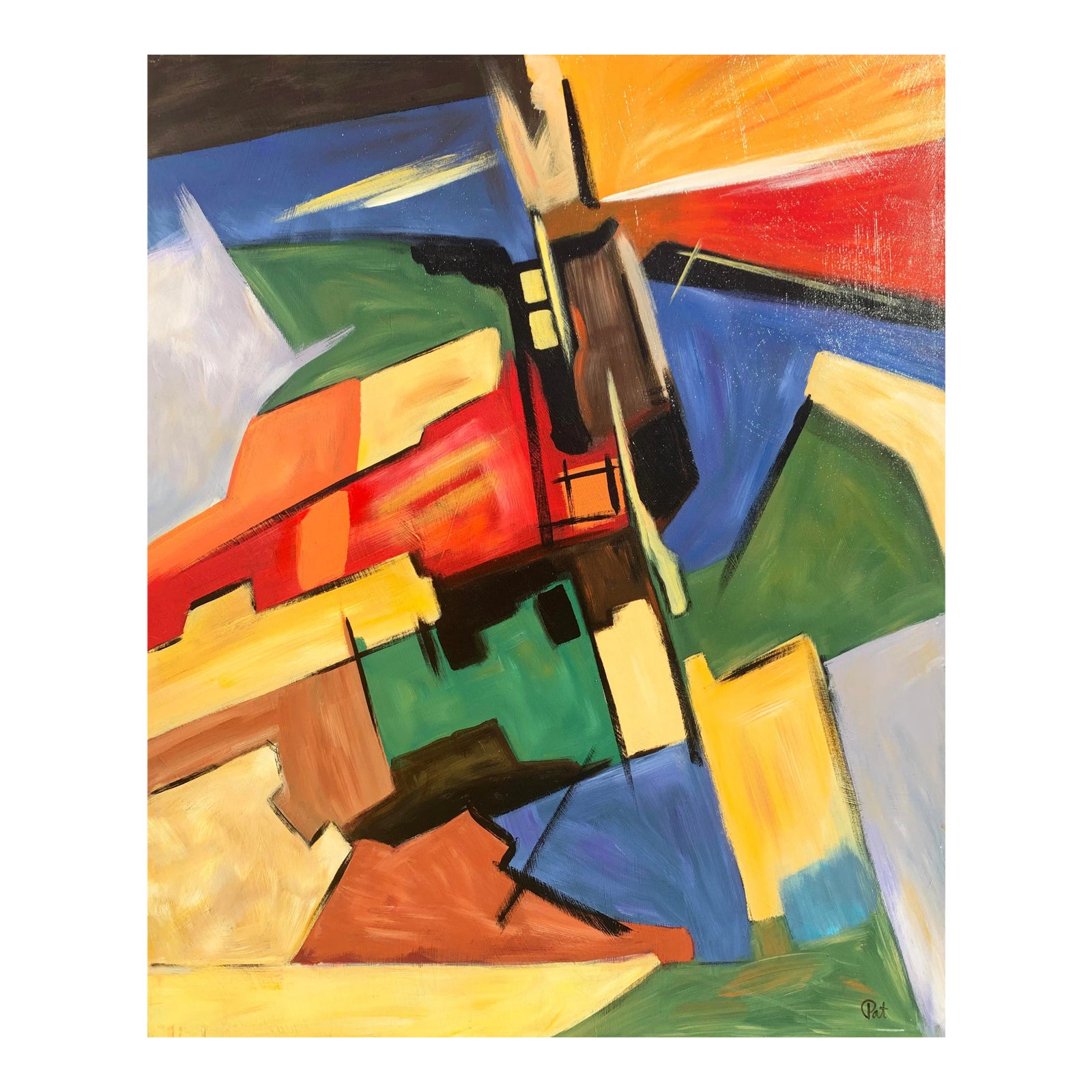'Large Constructivist Abstract in Saffron and Blue' | Chairish