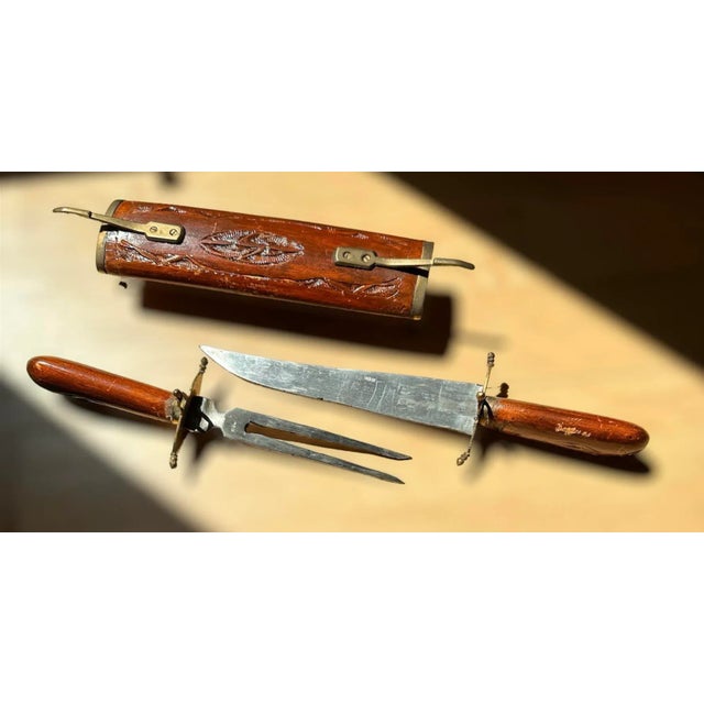 Vintage Teak Wood Brass Knife Fork Meat Carving Set Locking With Footed ...