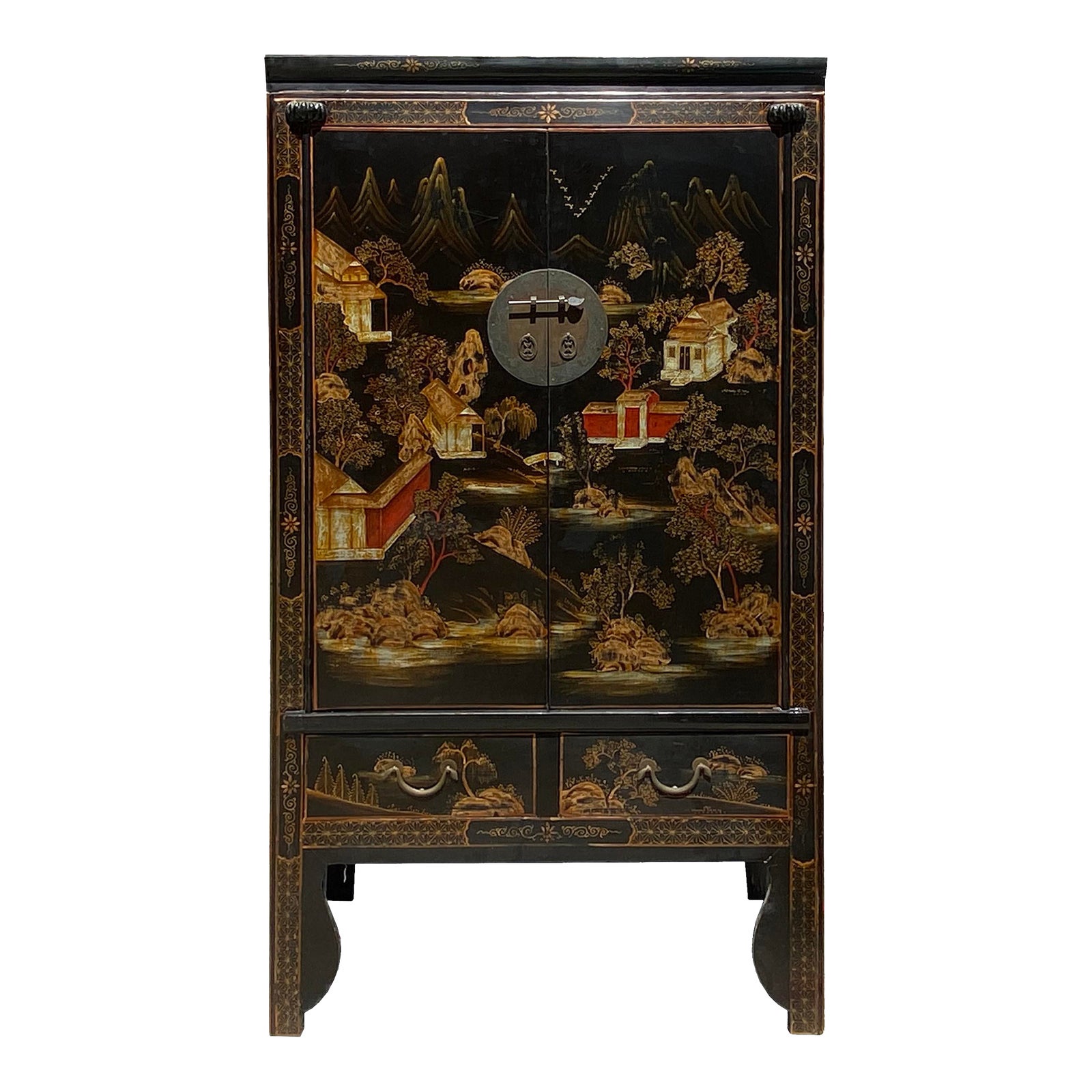 Chinese Distressed Black Color Scenery Moon Face Wardrobe Cabinet ...