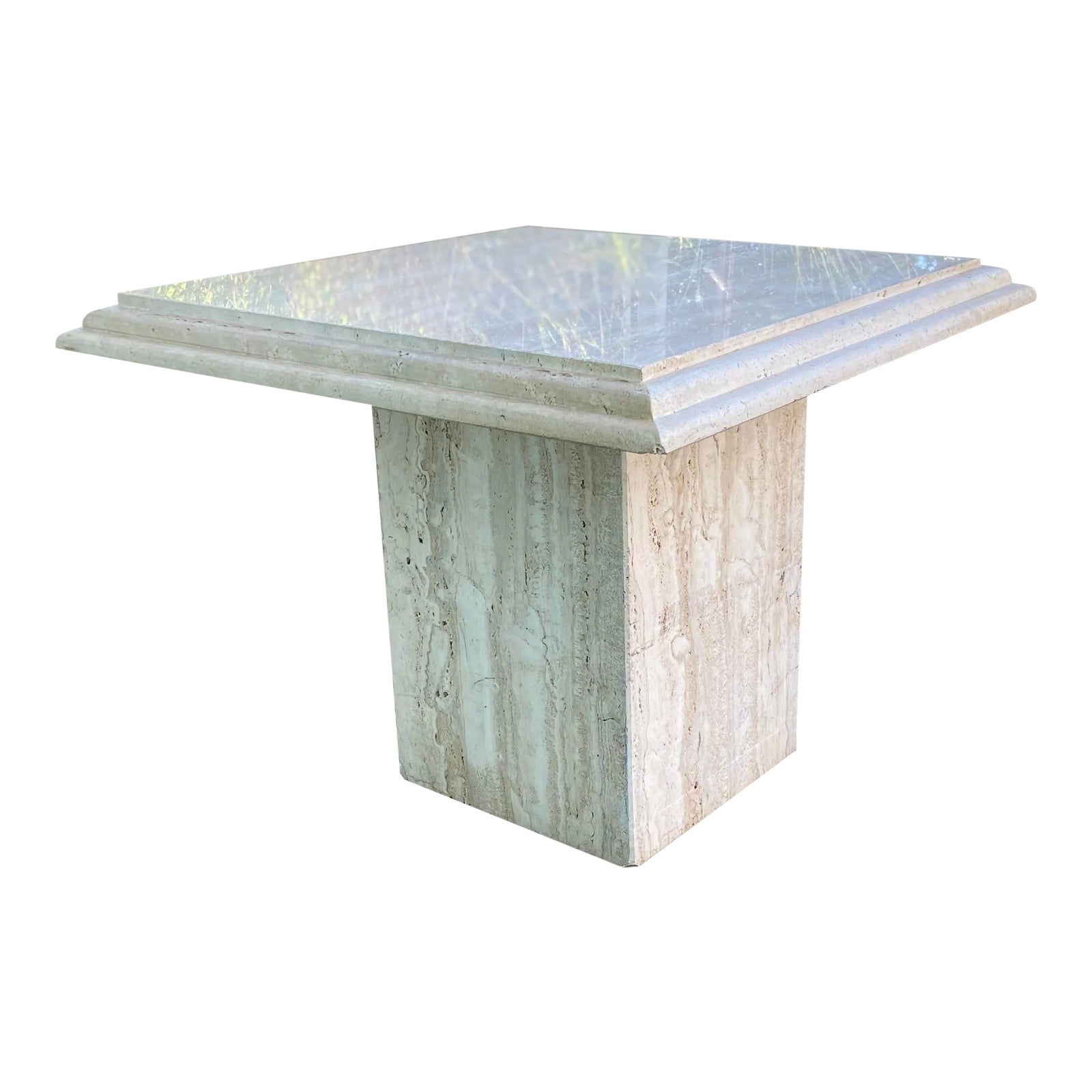 Italian Travertine Side Table With Beveled Edge | Chairish