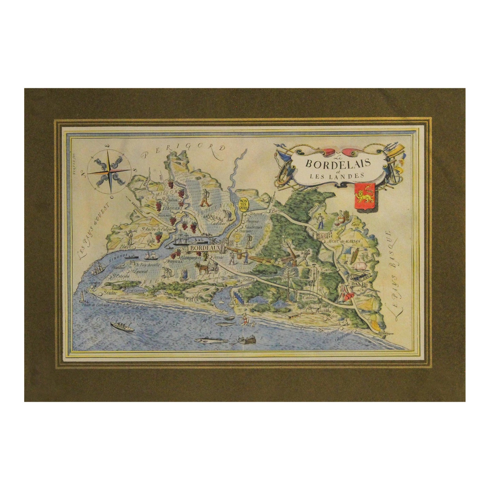 1960's French Vintage Mini Map, Le Bordelais Et Les Landes | Chairish
