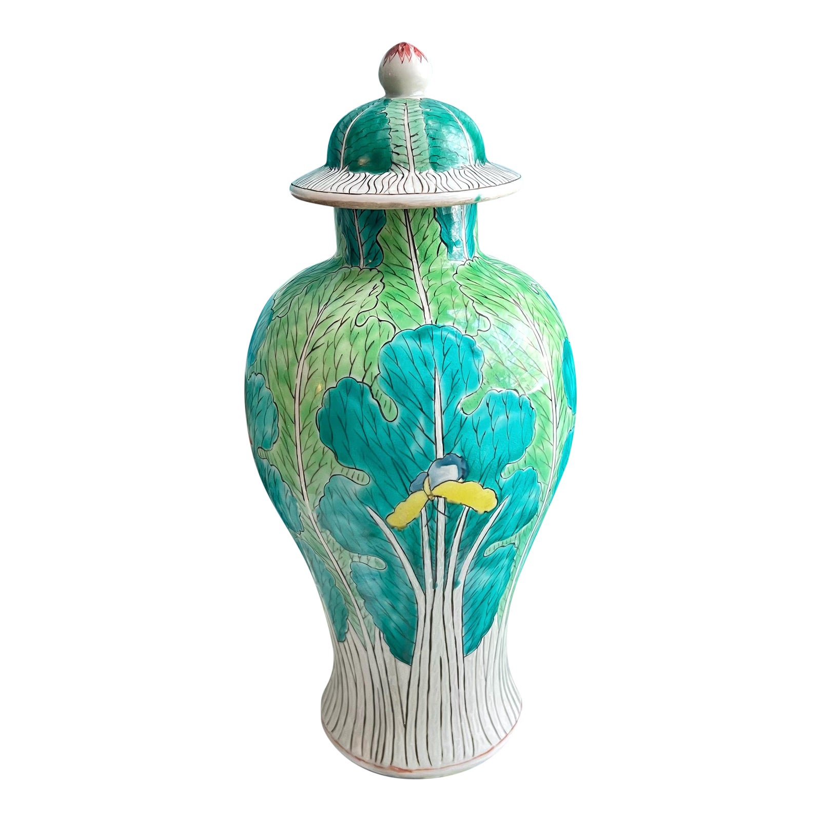 Chinoiserie Famille Verte Bok Choy Porcelain Temple Jar | Chairish