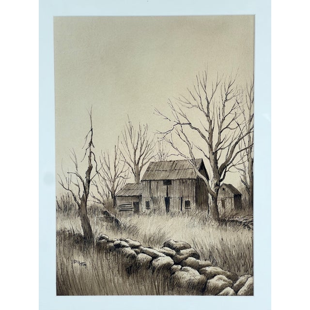1990s Ink and Watercolor Painting “Abandoned Farm” by Bill Ely, Framed ...