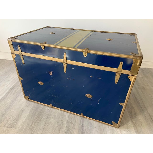 1940's / 1950’s Vintage Steamer Trunk Blue / Gold Brass Metal (Locked ...
