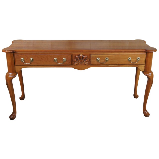 1980s Harden Queen Anne Style Solid Cherry Sofa Console Table with Stools - Set of 3 | Chairish