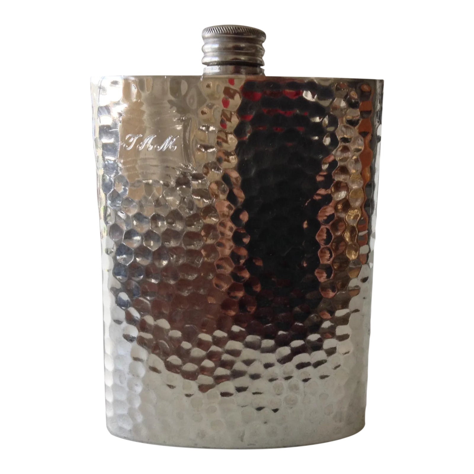 Vintage Hammered Silverplate Flask With Engraved Initials | Chairish