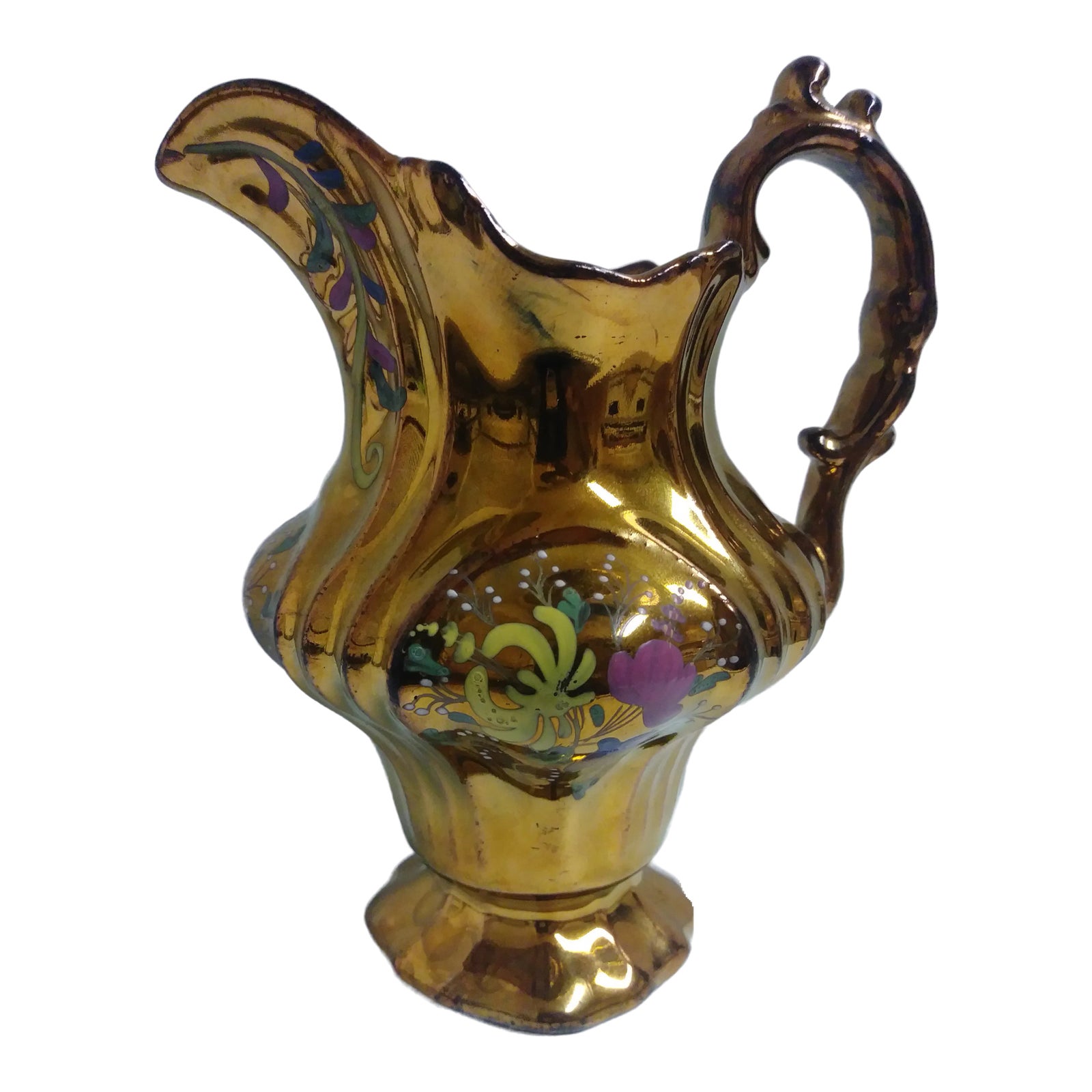 Vintage Copper Lusterware Creamer with Colorful Painted Details | Chairish