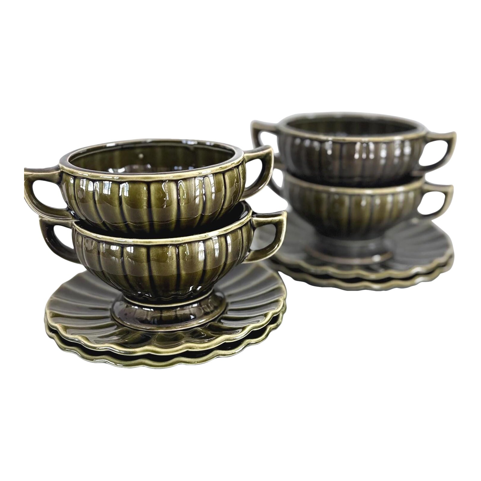 Vintage Green Double Handle Soup Bowls and Saucers Set of 4 | Chairish