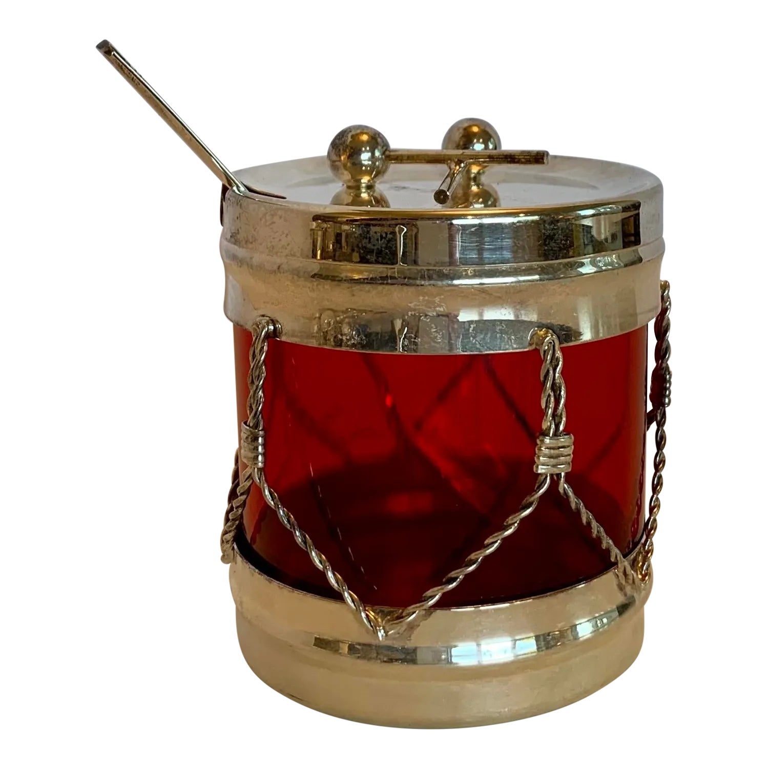 1970s Silver Plated and Ruby Red "Drum" Jam Jar and Serving Spoon ...