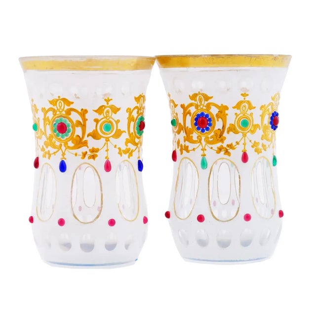 Antique Bohemian Gilt Jeweled Frosted Glass Cups- Set of 2 | Chairish