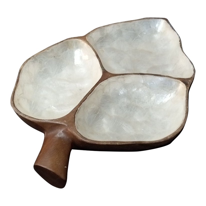 Vintage Monkey Pod Hawaii Capiz Shell Lined Divided Leaf Platter | Chairish