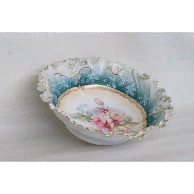 Rs Prussia Style Large Porcelain Floral Pink Roses Blue Bowl | Chairish