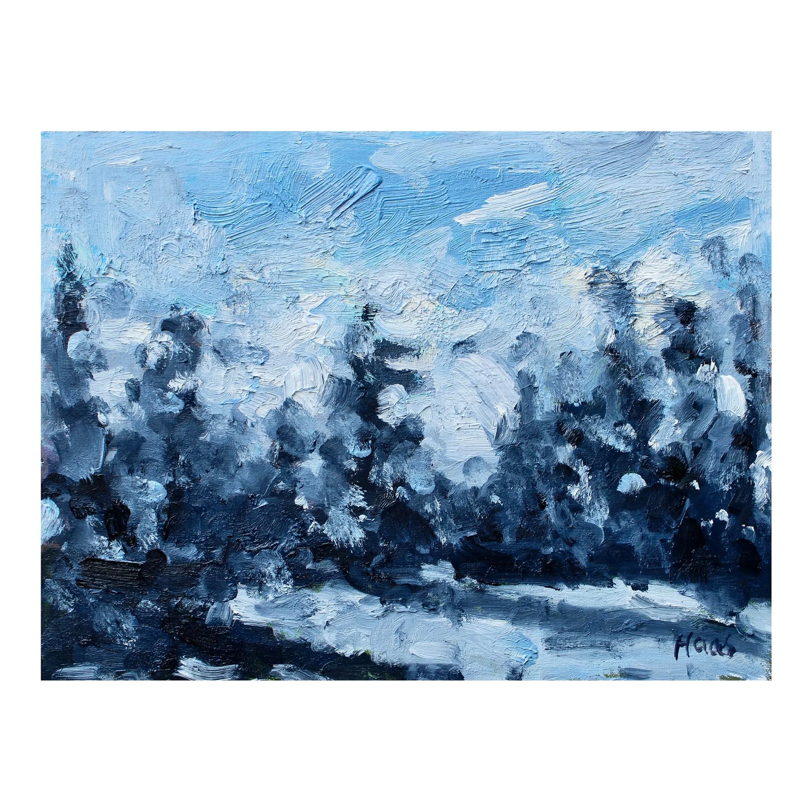 Winterscape in Blues Monochromatic Oil Painting | Chairish