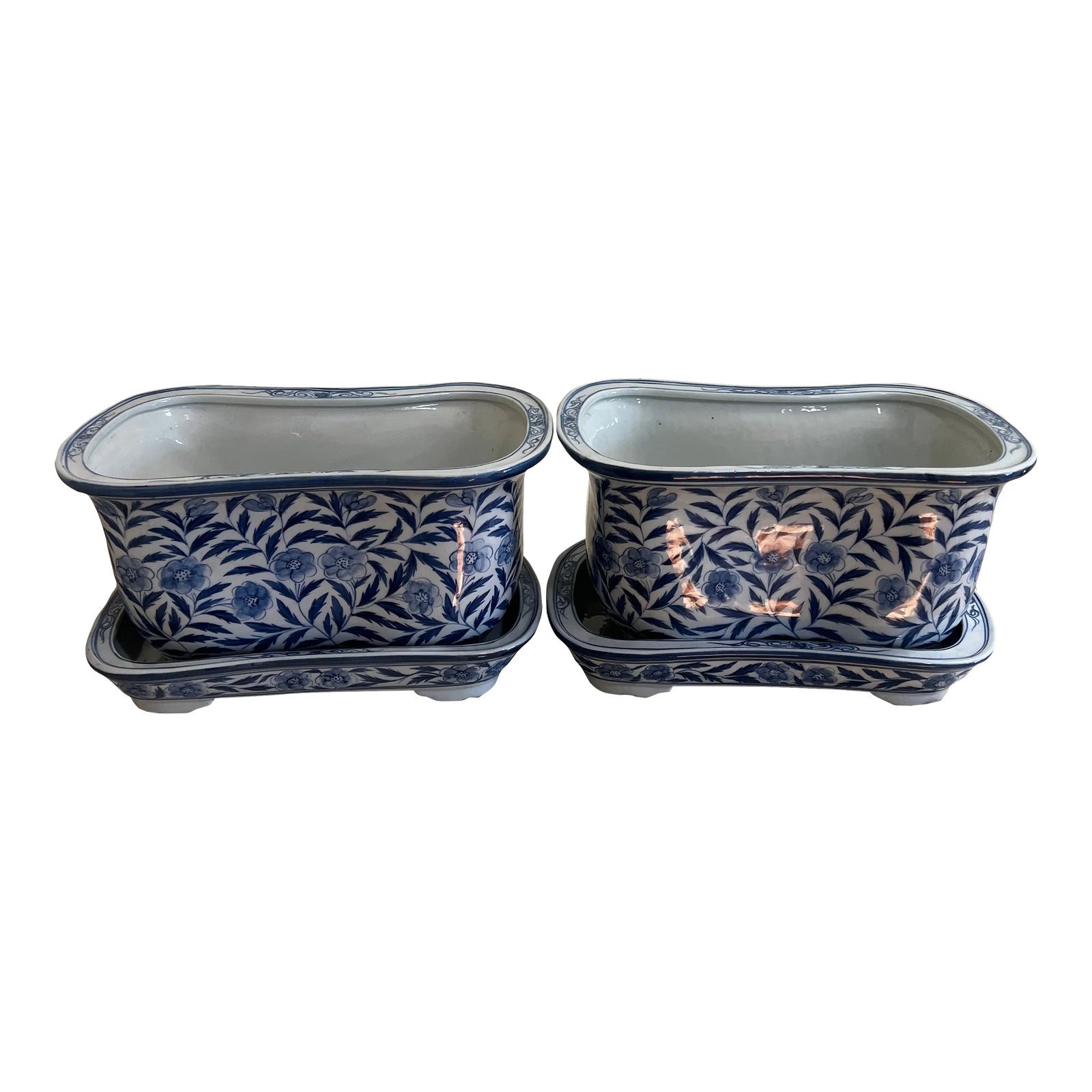 Vintage Hand Painted Blue & White Footed Planters with Under Trays ...