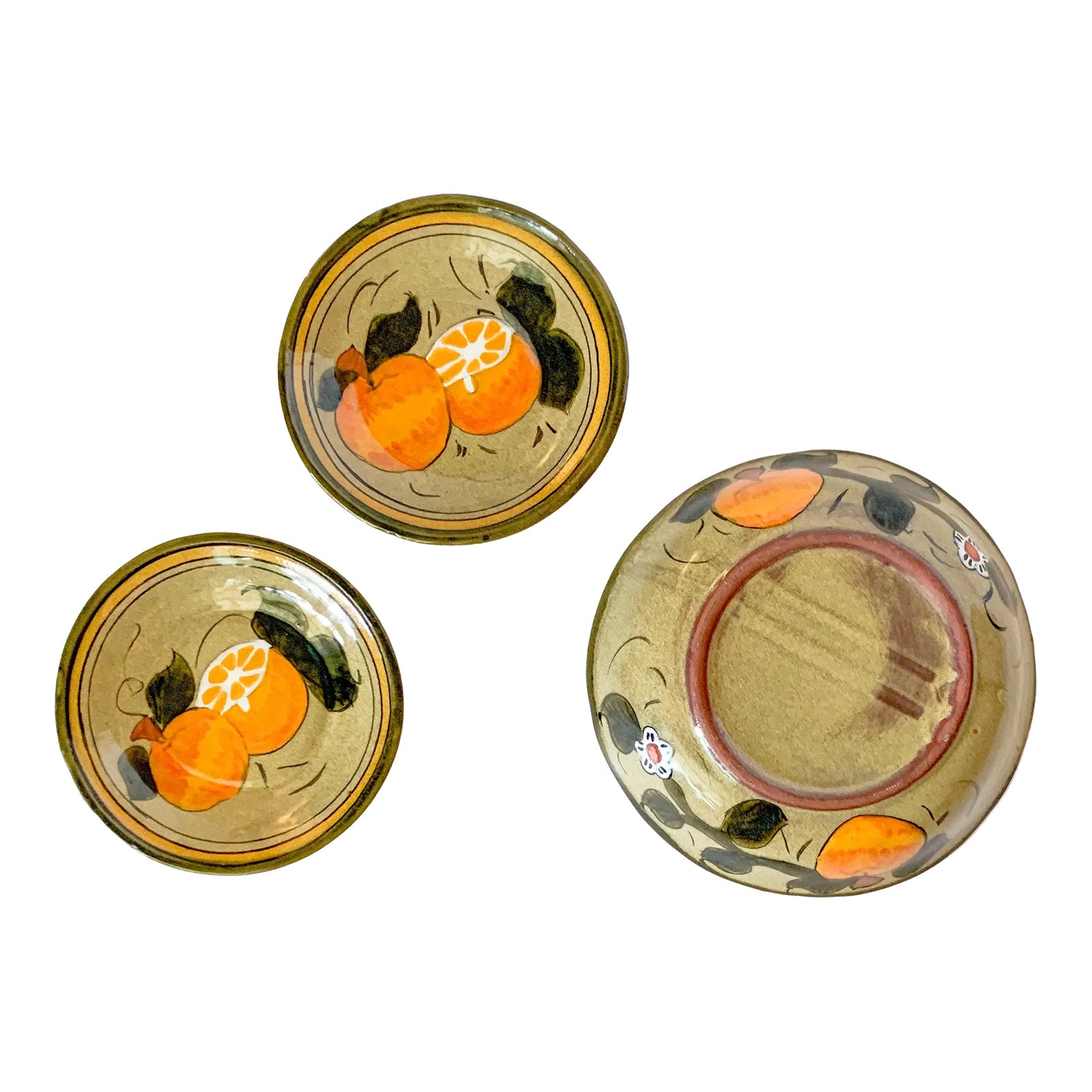 Vintage Mexican Redware Handpainted Orange Appetizer Dishes- Set of 3 ...