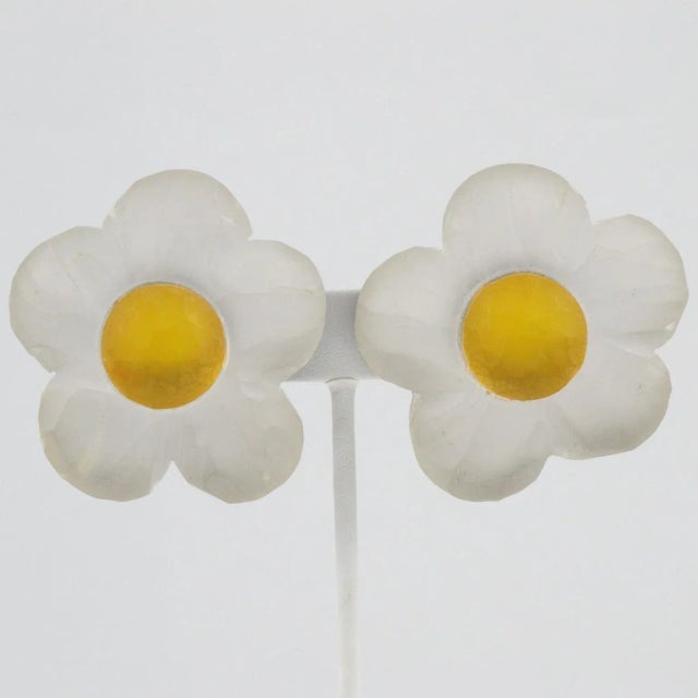Kaso Carved Lucite Pair of Clip Earrings Oversized Daisy Flower | Chairish