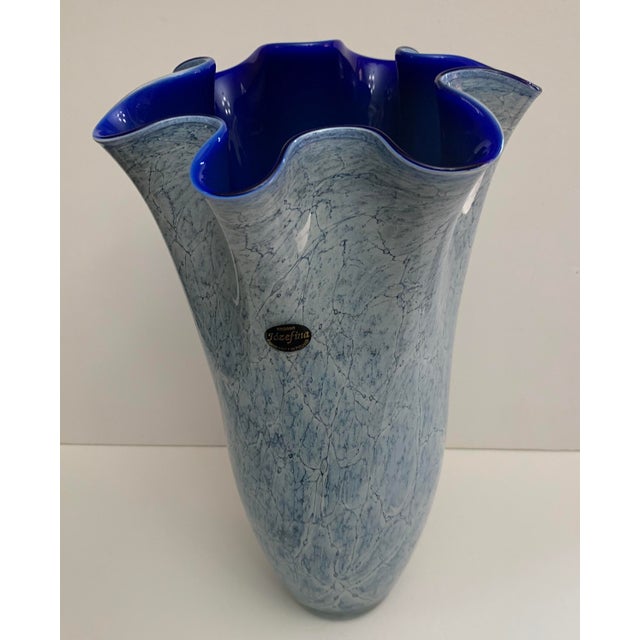 Large Krosno Jozefina Cased Art Glass Blue Ruffled Rim Vase Chairish