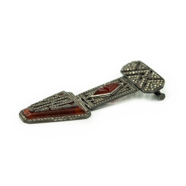 French Art Deco Marcasite Lapel Pin Initial Brooch with Carnelian Glass ...