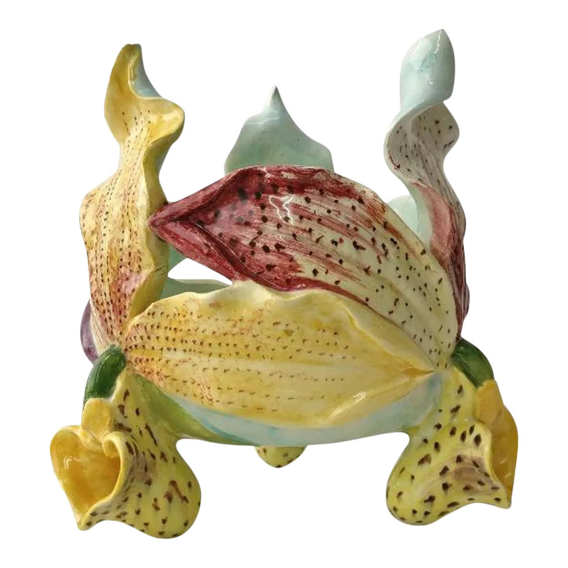 19th Century Majolica Orchid Cache Pot Delphin Massier | Chairish
