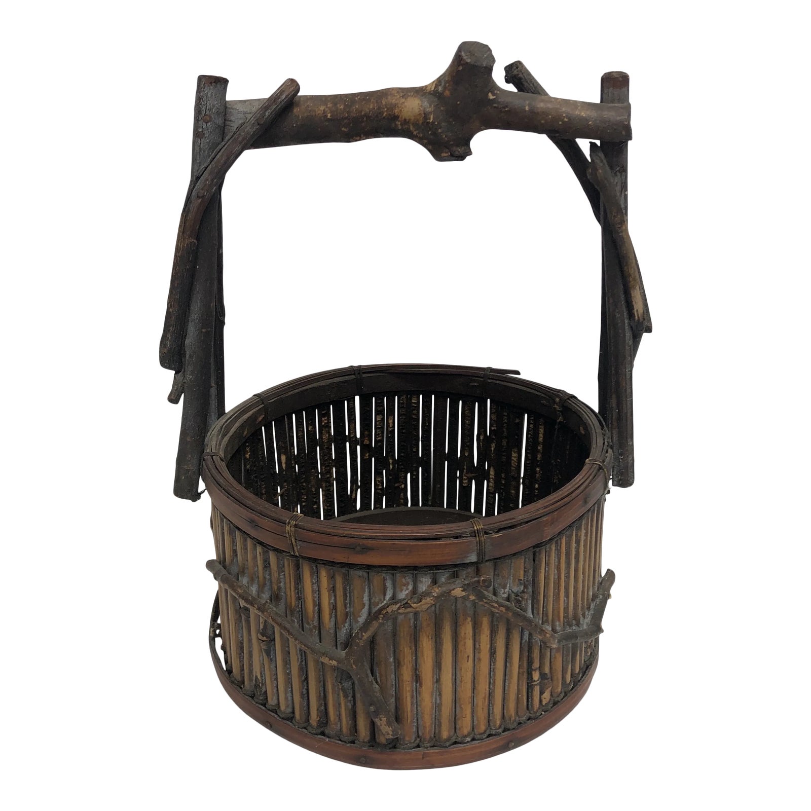 Handmade Twig and Bamboo Basket | Chairish