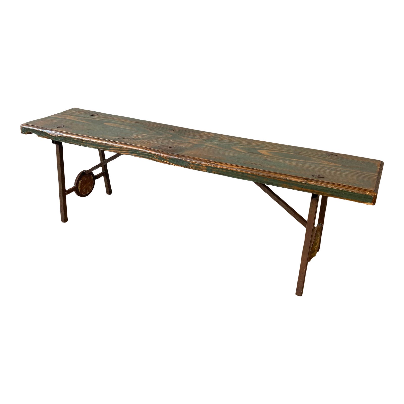 Vintage Wood and Metal Bench With Unique Ceramic Face Detail | Chairish