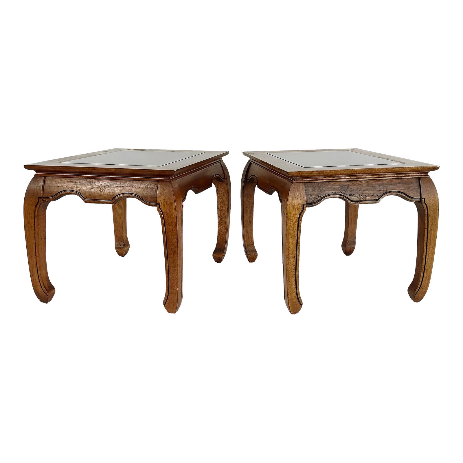 Vintage Asian-Inspired Wood Side Tables With Inset Beveled Glass Tops ...
